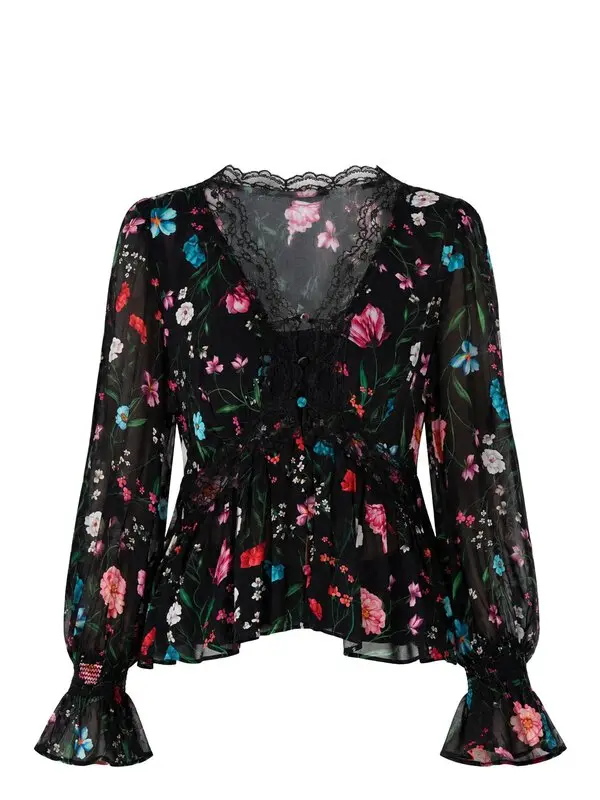 ROSE & NANCY Juliette Floral Lace Trim Blouse - Black