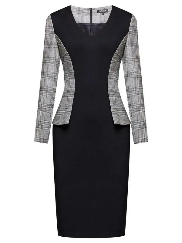 RUMOUR LONDON Grey / Black Abigail Monochrome Dress With Prince Of Wales Check Peplum - Grey/black