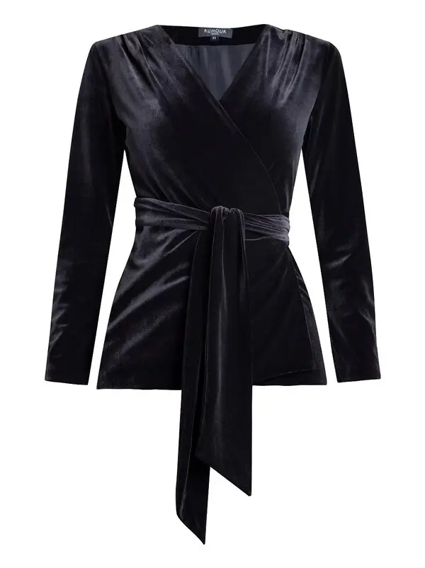 RUMOUR LONDON Evelyn Velvet Wrap Jacket With Self-tie Sash - Black