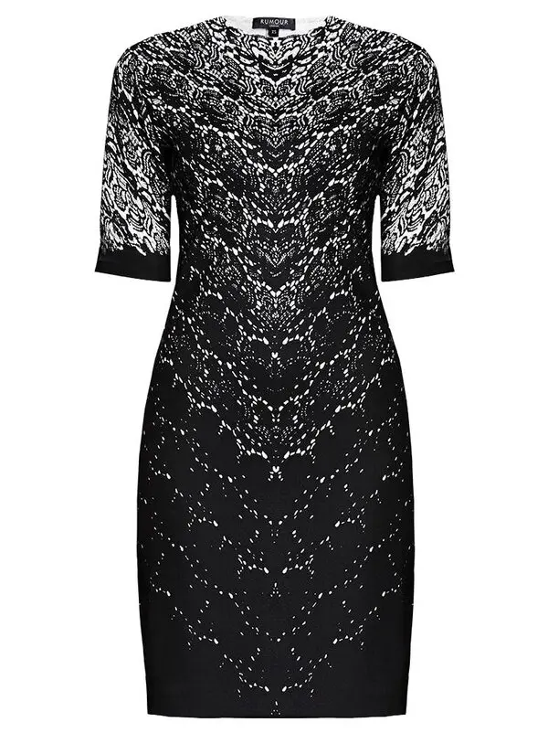 RUMOUR LONDON Printed Lace Monochrome Fitted Dress - Black