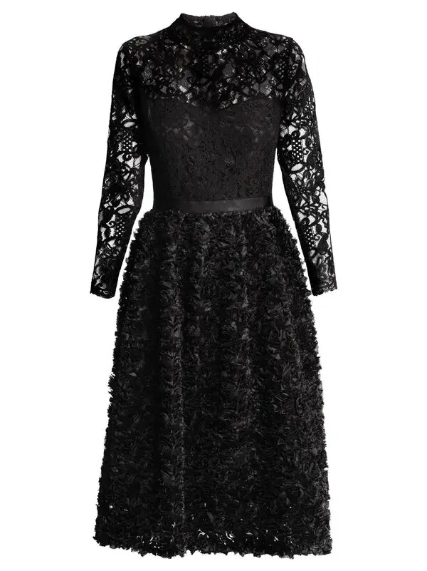 RUMOUR LONDON Grazia Midi Dress With Lace Bodice And Ruffled-tulle Skirt - Black