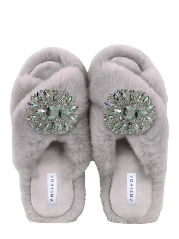 YOMISMA Eco Faux Fur Slippers – Recycled Faux Fur + Removable Iridescent Brooch - Grey