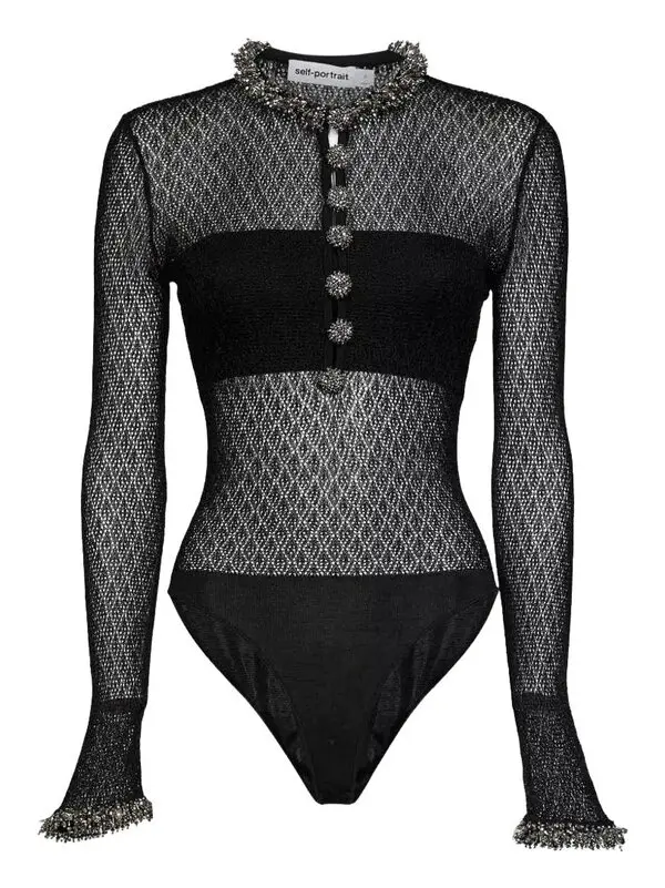 SELF-PORTRAIT Embellished Open-knit Bodysuit - Black