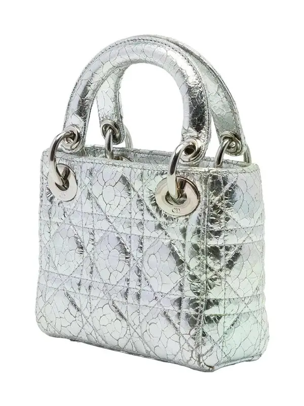 Dior 2017 Micro Metallic Crinkled Calfskin Cannage Lady Satchel - Silver