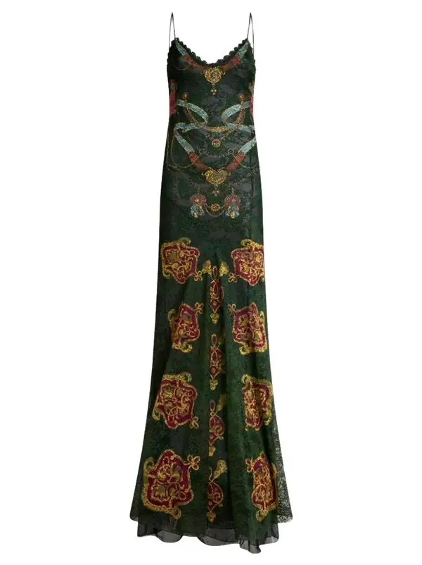 Etro Long Jersey Dress With Lace And Two Placed Prints - Green