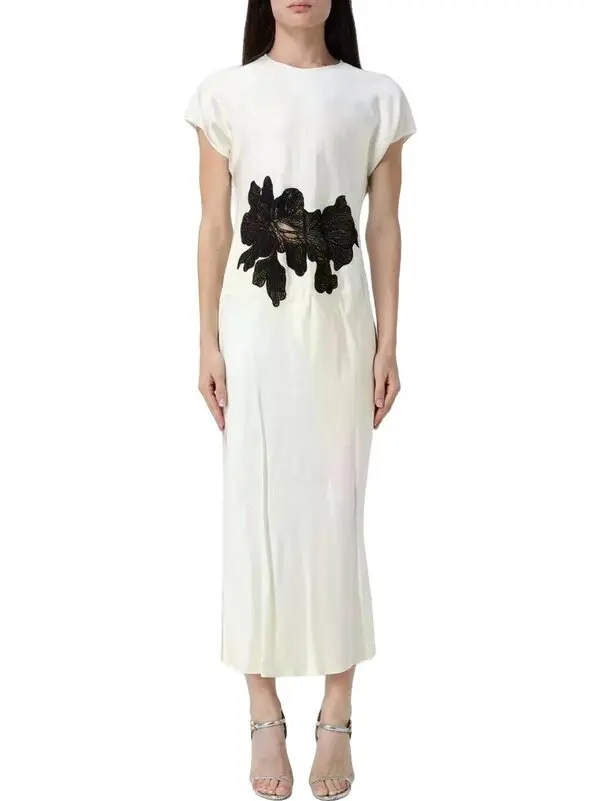 Patrizia Pepe Lace-appliqué Short-sleeve Midi Dress - Neutrals