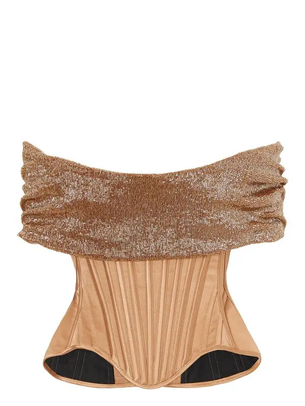 WIEDERHOEFT Wasp Corset Paneled Bead-embellished Silk Top - Brown