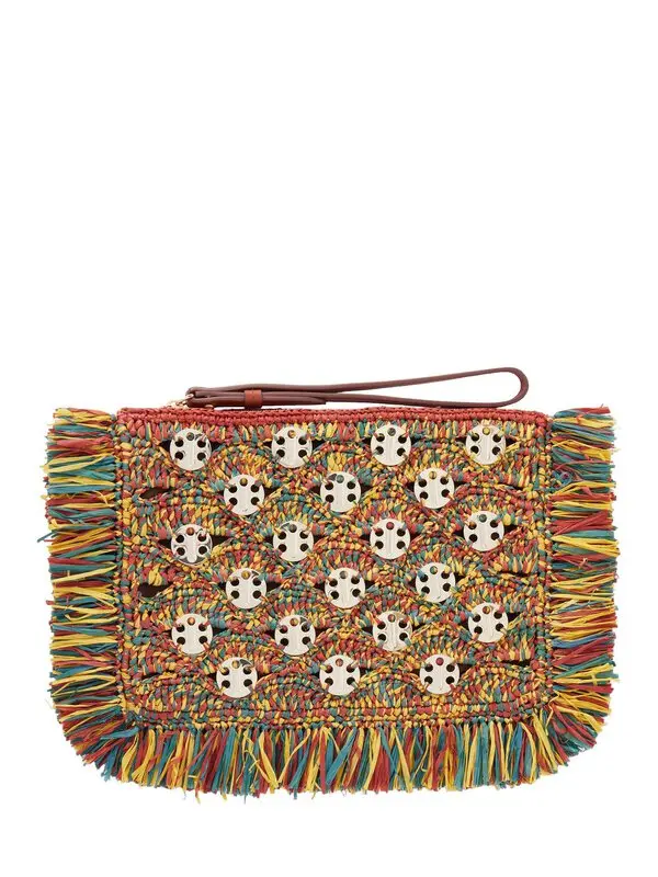 Rabanne Leather-trimmed Fringed Woven Raffia Clutch - Multi