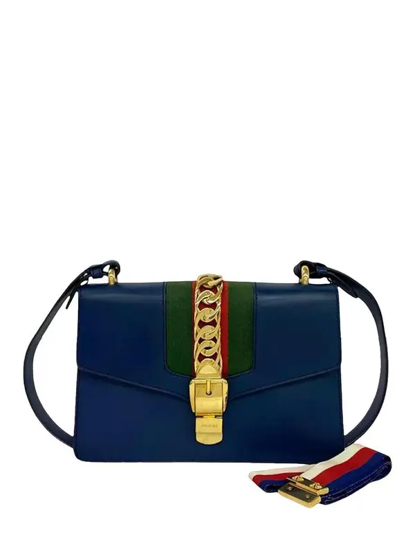 Gucci 2016-2026 Small Calfskin Web Sylvie Satchel - Blue