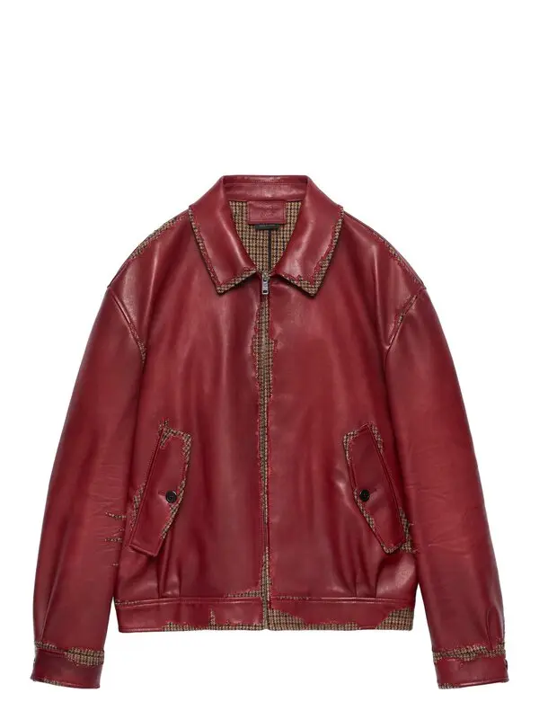 Prada Bonded Nappa Leather And Houndstooth Check Fabric Jacket - Ruby Red