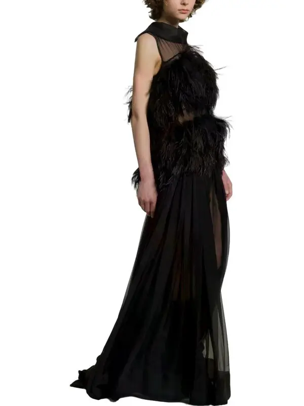 Alberta Ferretti Feather-embellished Silk Maxi Dress - Black
