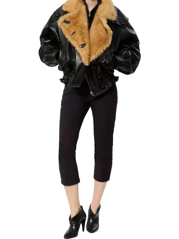 Isabel Marant Étoile Valina Glossy Leather Jacket, Shearling Collar - Black