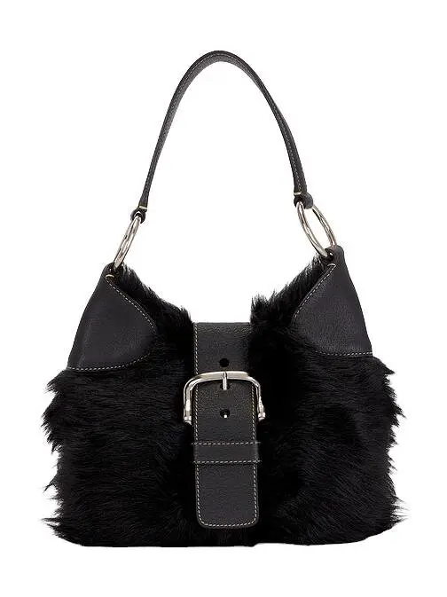 FWRD RENEW Prada Eco Lapin Faux Fur Buckle Hobo Bag - Black