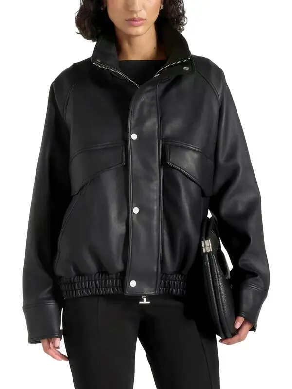 Manière De Voir Kit In Leather Funnel-neck Bomber Jacket - Black