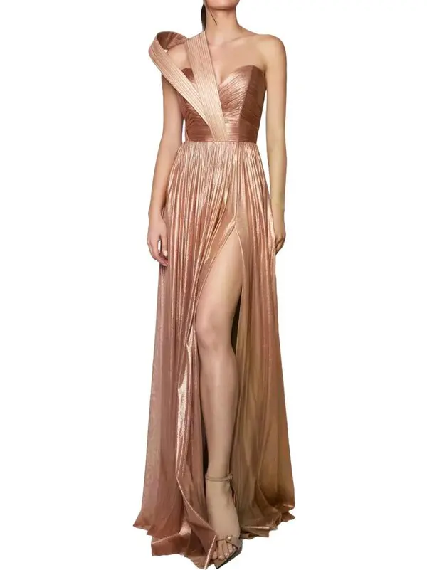 IMROSKA Thalia One-shoulder Pleated Maxi Dress - Brown