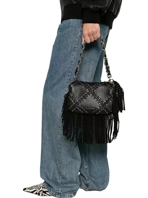 LA CARRIE Small Isabel Fringe-trimmed Studded Shoulder Bag - Black