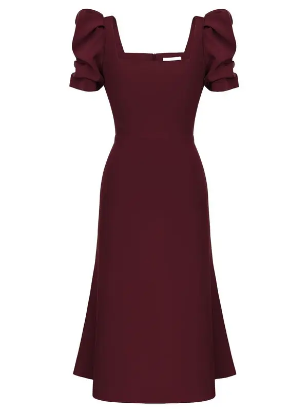POST MERIDIEM Vinous Godet Silhouette Square Neck Midi Dress - Brown