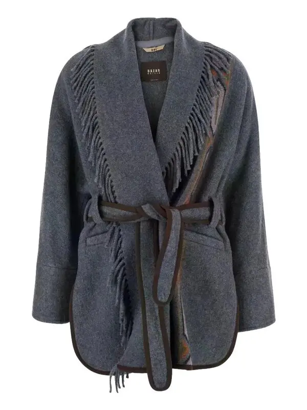 BAZAR DELUXE Fringed Belted Cardigan - Grey