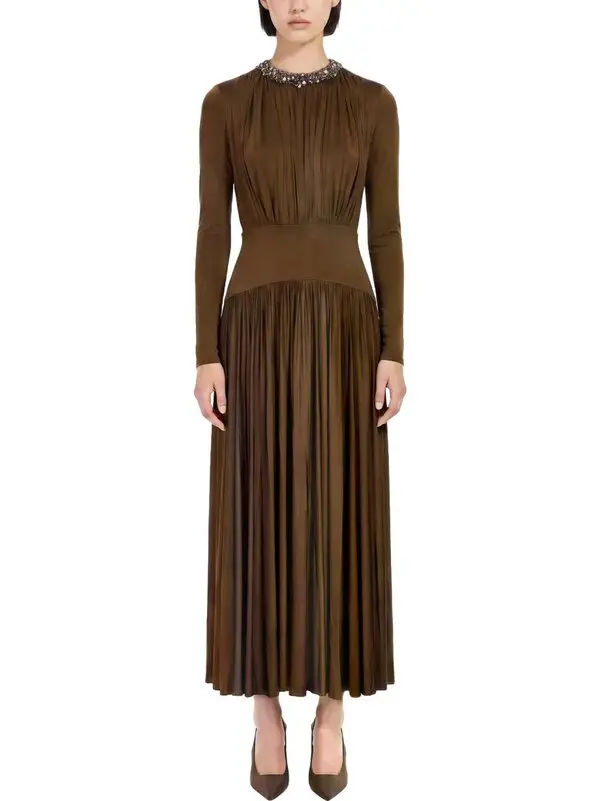 Roland Mouret Embellished-neck Gathered-detail Dress - Brown