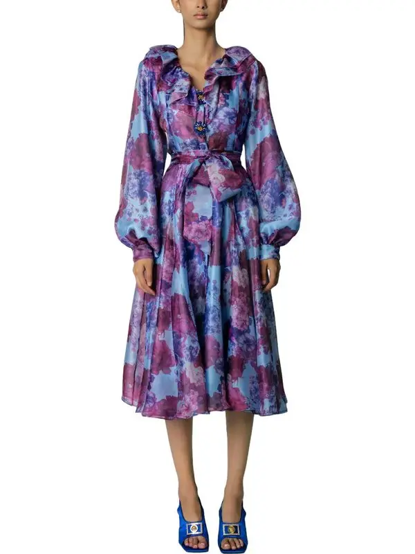 MIAU BY CLARA ROTESCU Floral-print Ruffled Midi Dress - Blue