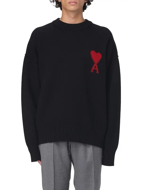 AMI Paris Crew-neck Wool Sweater With Contrast Logo - Black