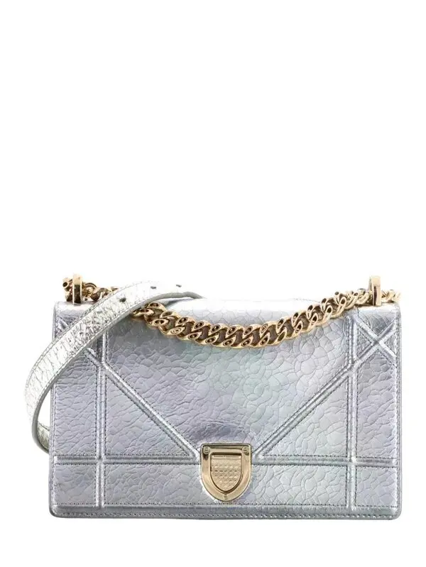 Dior Diorama Flap Bag Crackled Deerskin Small Shoulder Bag - Silver