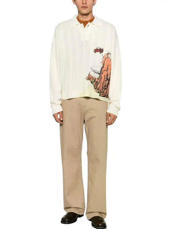 HOUSE OF ERRORS Cable-knit Graphic-print Polo Shirt - Neutrals