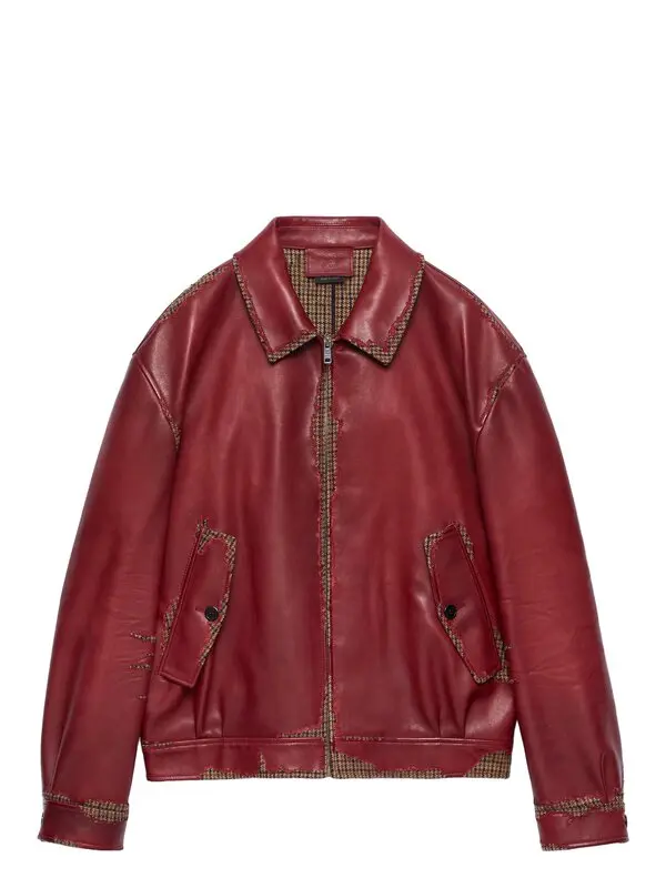 Prada Bonded Nappa Leather And Houndstooth Check Fabric Jacket - Ruby Red