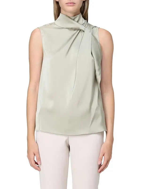 HANITA Sleeveless Satin Blouse With Draped Pussy-bow Collar - Sage
