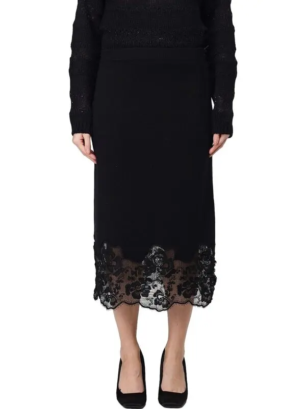 Fabiana Filippi Long Knit Pencil Skirt In Wool And Silk With Lace Inserts - Black