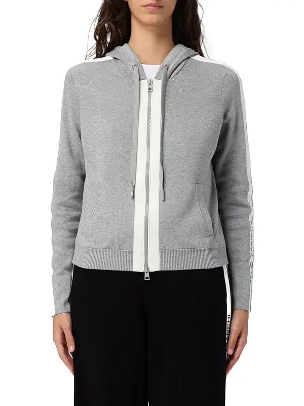 Elisabetta Franchi Wool Blend Knit Zip-up Hoodie With Logo Bands - Grey