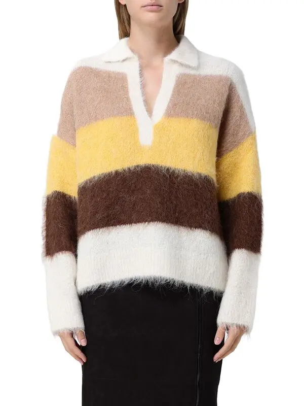 Pinko Striped Wool-blend Knit Polo With Long Sleeves And V-neck - Beige