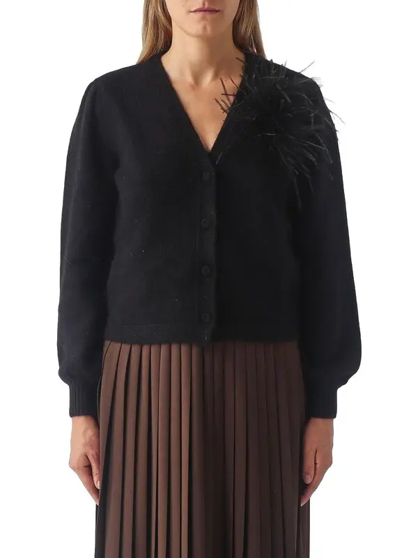 TWINSET Wool And Angora-blend V-neck Cardigan With Feather Application - Black