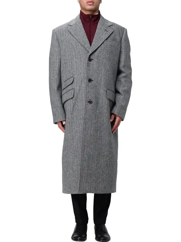 Valentino Garavani Single-breasted Long Coat In Virgin Wool With Chevron Pattern - Black