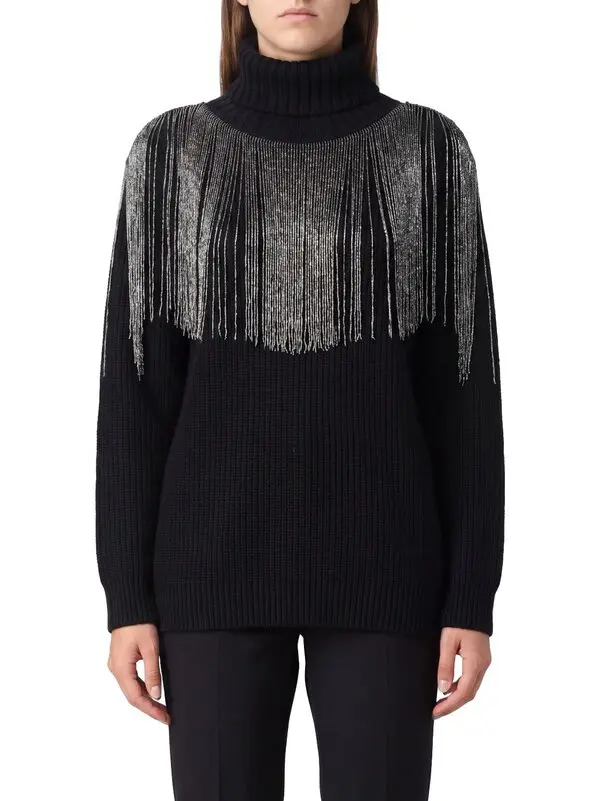 Pinko Wool Blend Turtleneck Sweater With Dropped Shoulders And Fringes - Black