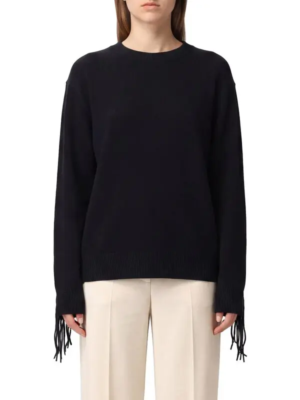 PAROSH P.a.r.o.s.h. Cashmere Crewneck Sweater With Embroidery, Fringes And Dropped Shoulders - Black