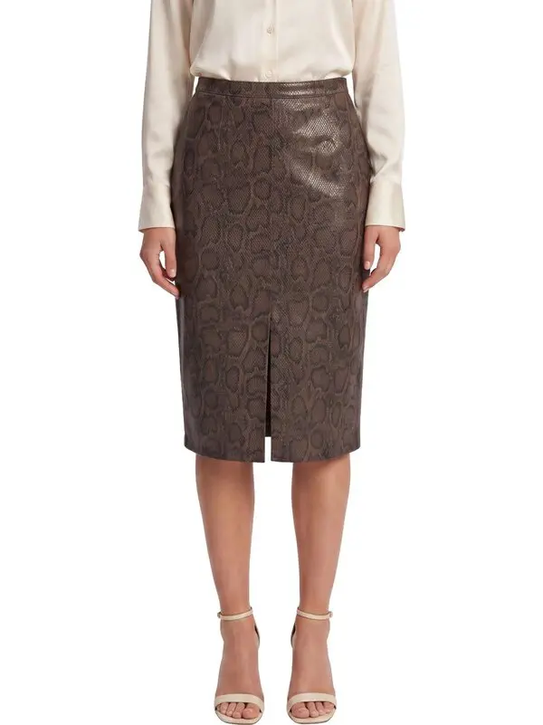 TWINSET Slim Fit Python Print Faux Leather Midi Pencil Skirt - Brown