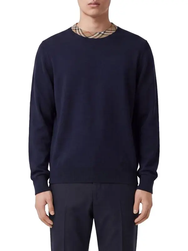 Burberry Crewneck Wool Sweater With Contrast Trim And Ribbed Hems - Blue