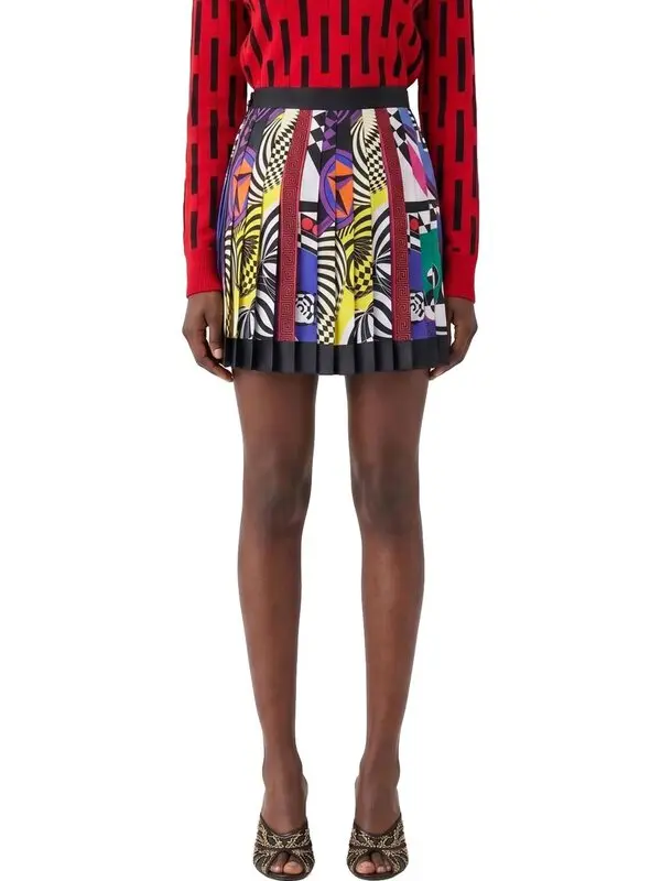Versace High-waisted Pleated Cotton-blend Mini Skirt With Optical Print - Multicolor