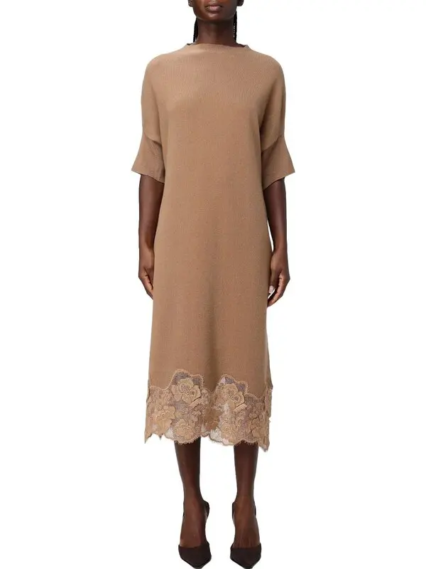 Fabiana Filippi Lace-insert Wool And Cashmere Midi Dress - Camel