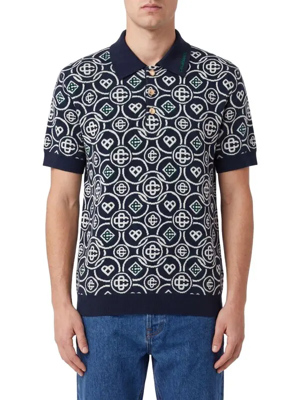 Casablanca Knitted Cotton Polo Shirt With Contrast Logo And Ribbed Trims - Navy