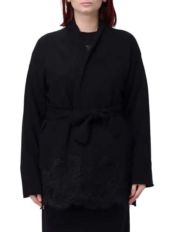 Fabiana Filippi Wool And Silk Robe Cardigan With Lace Inserts - Black