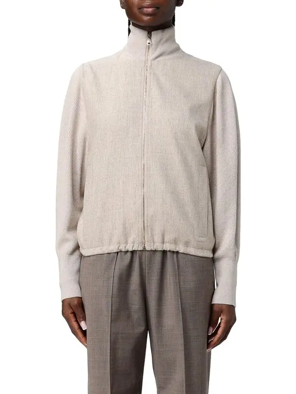 Fabiana Filippi High Neck Wool Blend Bomber Jacket With Metal Zip Closure - Beige