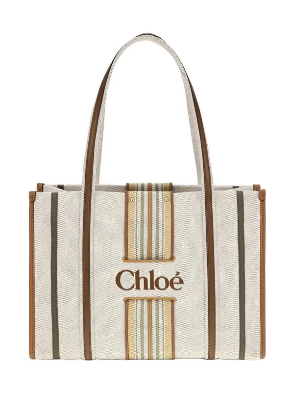 Chloé Woody Loop Tote Bag In Multi Striped Canvas With Embroidered Logo - Brown
