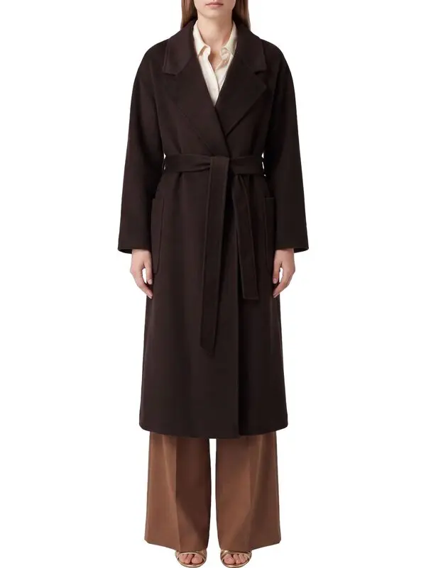 Elisabetta Franchi Long Robe Coat In Pure Wool With A Waist Belt - Brown