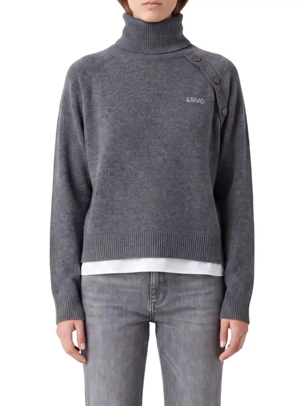 Liu Jo Wool And Cotton Turtleneck With Shoulder Buttons And Contrast Logo - Grey