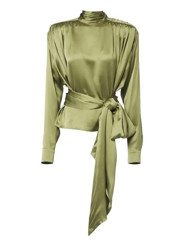 Balmain Belted Silk Satin Top - Green