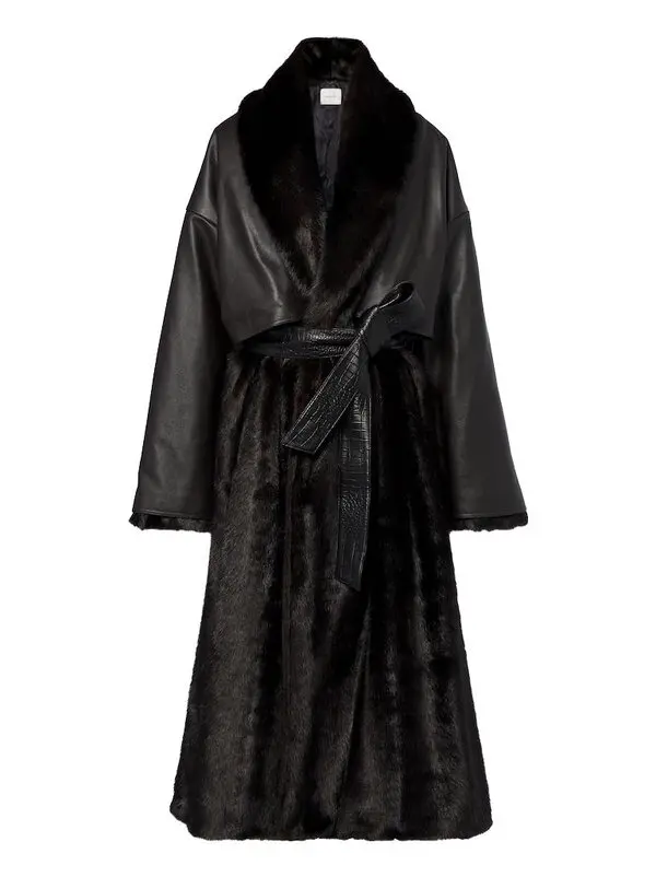 Magda Butrym Belted Leather-trimmed Coat - Brown