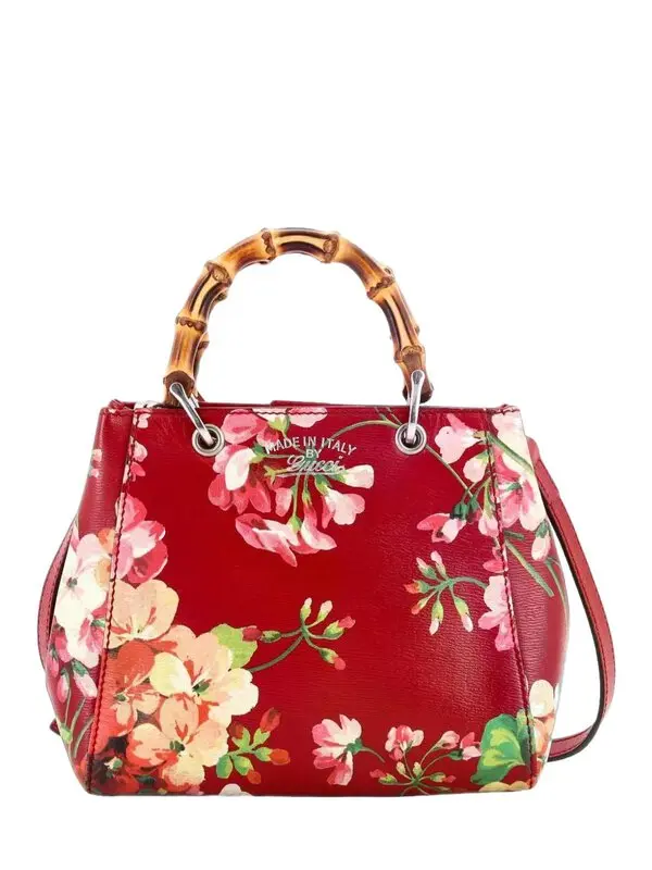 Gucci Bamboo Shopper Blooms Print Leather Mini Tote Bag - Red