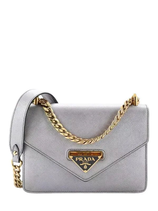 Prada Envelope Flap Chain Shoulder Bag Saffiano Leather Small Crossbody Bag - Silver